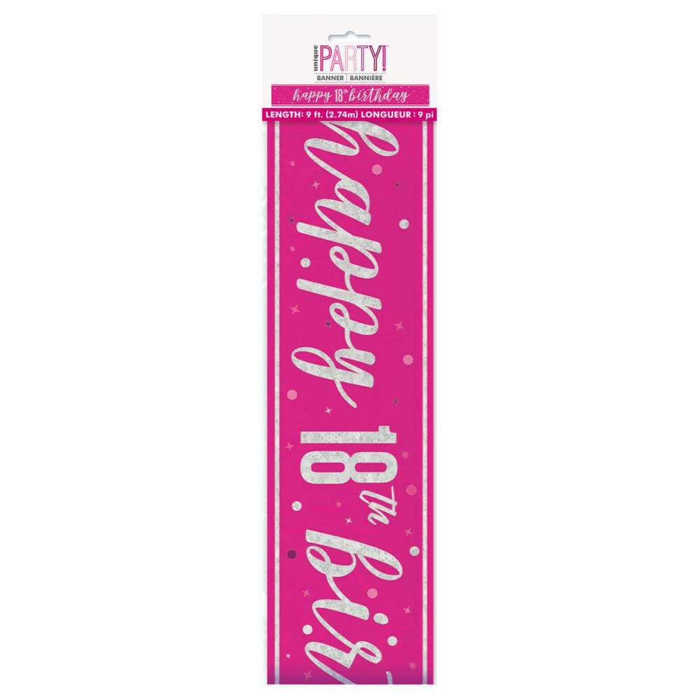 Happy 18th Birthday Banner Pink & Sølv - Partyhallen.dk